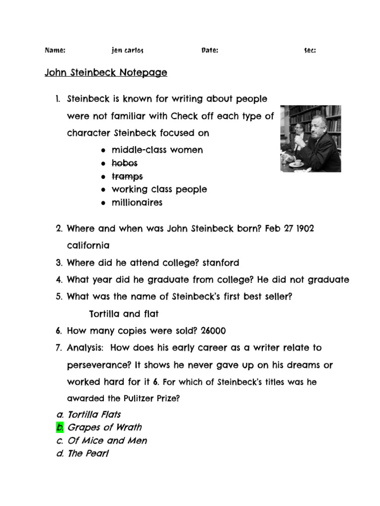 John Steinbeck Notepage Summary | PDF | General Fiction