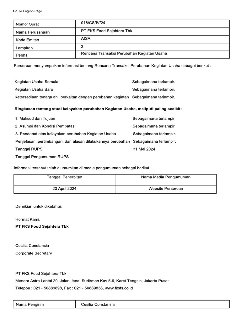 Rencana Transaksi Perubahan Kegiatan Usaha - 1 | PDF