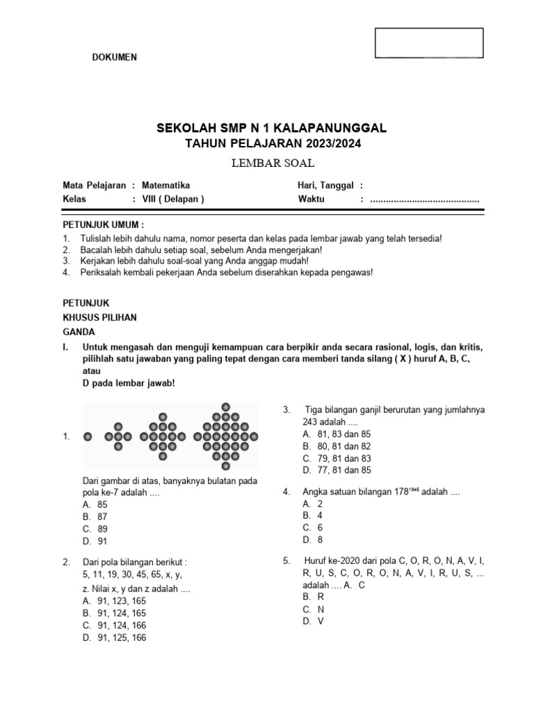 Soal PTS Matematika KLS 8 Sem.1 - WWW - Kherysuryawan.id | PDF