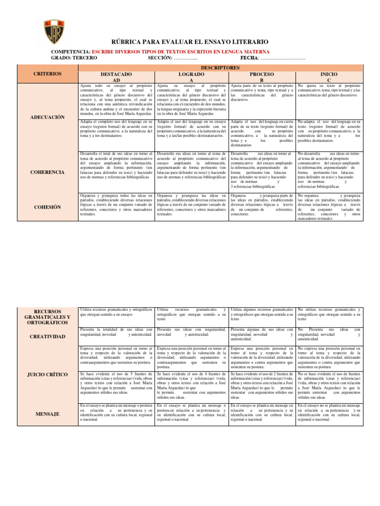 3°rúbrica para Evaluar El Ensayo Literario | PDF | Ensayos ...