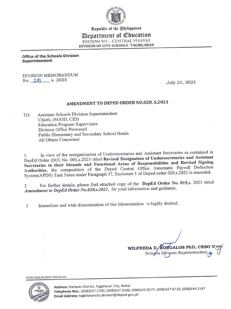 DM NO. 291s. 2023 AMENDMENT TO DEPED ORDER NO. 020 S. 2021 | PDF
