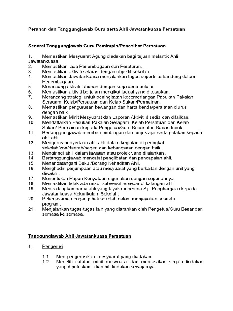 Peranan Dan Tanggungjawab Guru Serta Ahli Jawatankuasa Persatuan | PDF ...