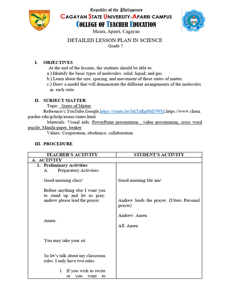 Grade 7 States of Matter Lesson Plan | PDF | Gases | Liquids