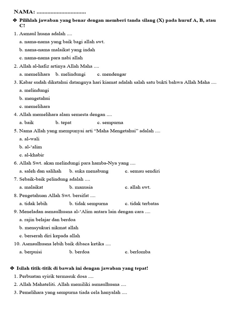 LKPD Asmaul Husna Kelas 2 Alhafiz, Alwali, Alalim, Alkhobir | PDF | Seni & Disiplin Bahasa ...