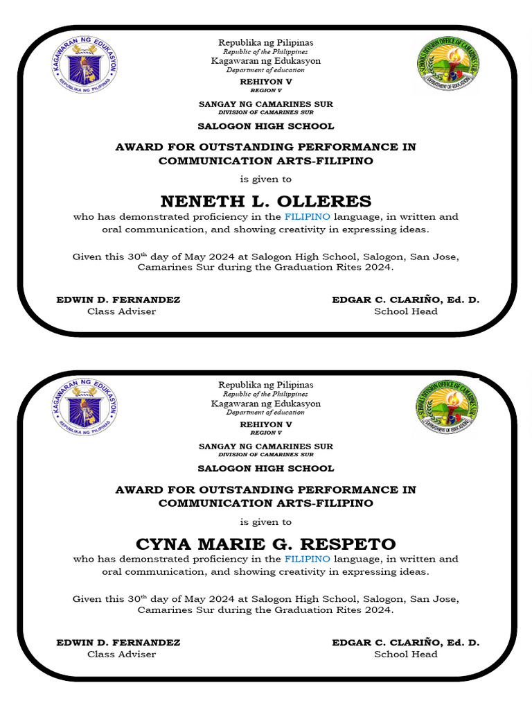 Award For Outstanding Performance-Filipino | PDF