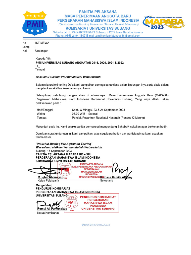 Surat Undangan Pmii 2019,2020,2021 & 2022 | PDF