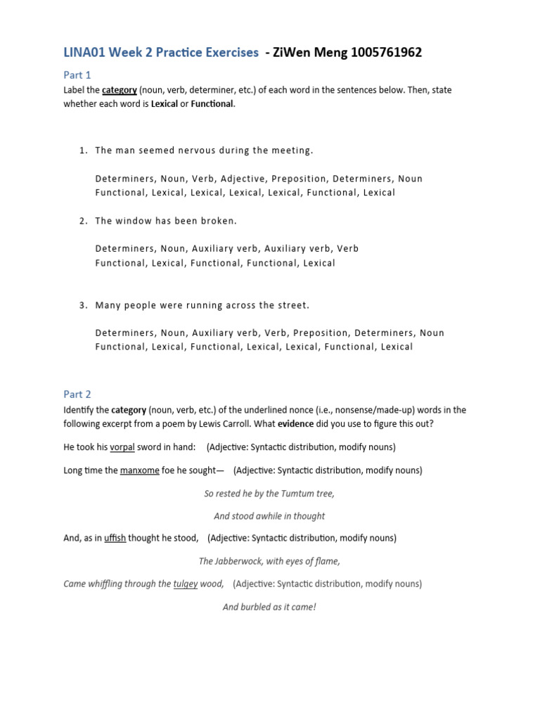 LINA01 Week 2 Language Exercises | PDF | Noun | Verb