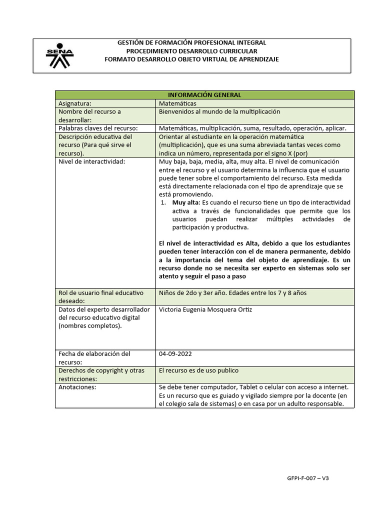 Formato-Diseno-Objeto-Aprendizaje-AA4-EV1 (1) Terminado | PDF | Multiplicación | Aprendizaje