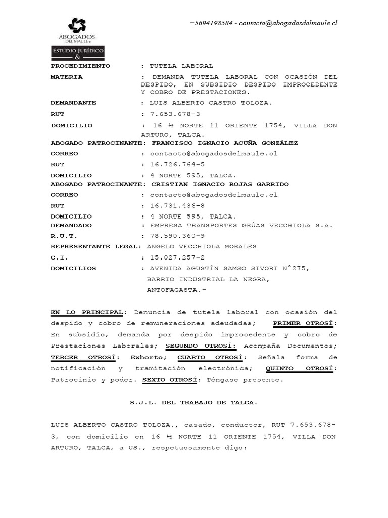 Formato de Demanda de Tutela Laboral | Descargar gratis PDF | Discriminación | Derecho laboral