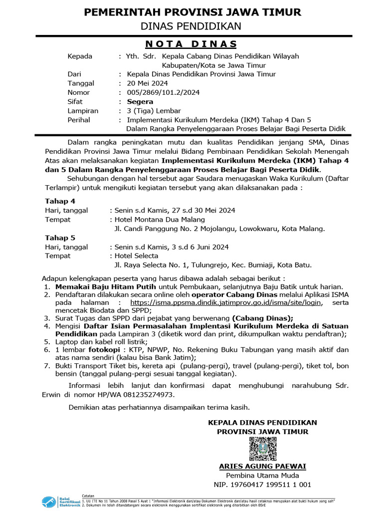 Nota Dinas Undangan Implementasi Kurikulum Merdeka 2024 Tahap 4 Dan 5 | PDF