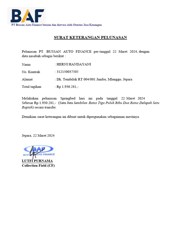 Surat Pelunasan BAF | PDF