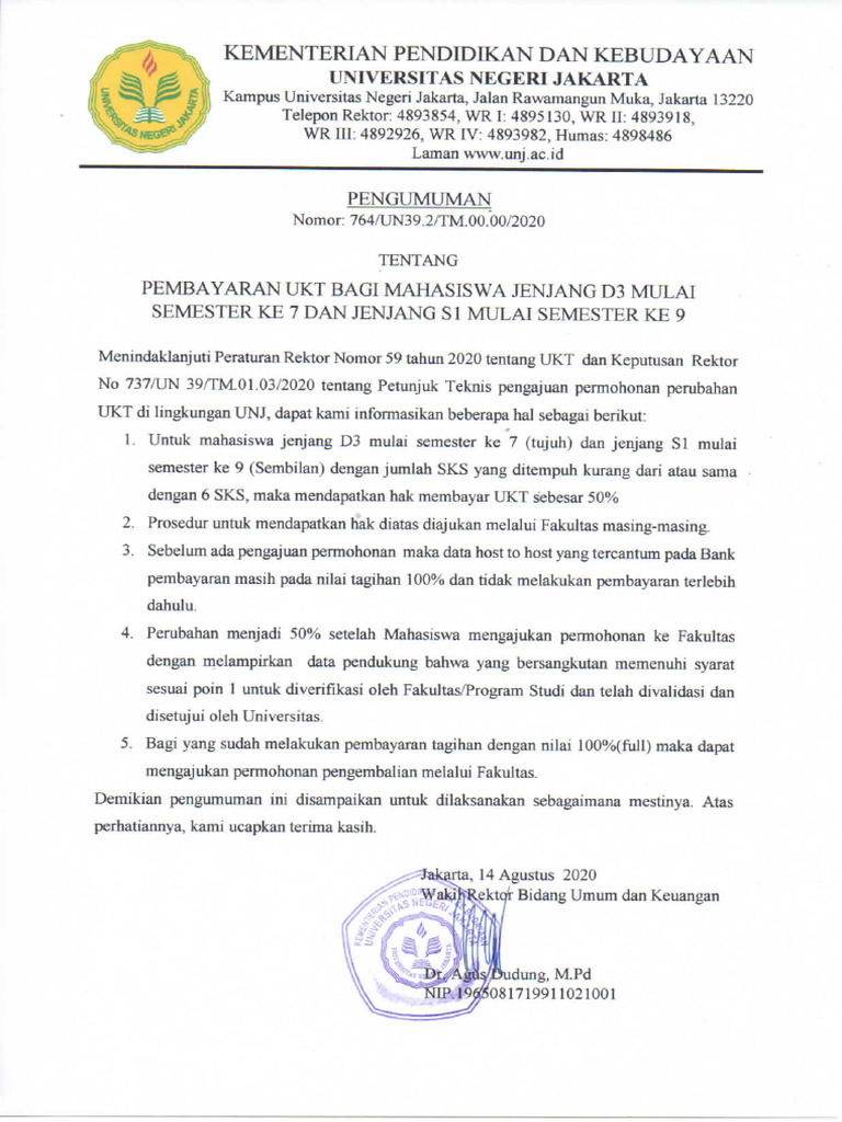 Pengumuman UKT SMT 7 D3 Dan Smt. 9 S1 | PDF