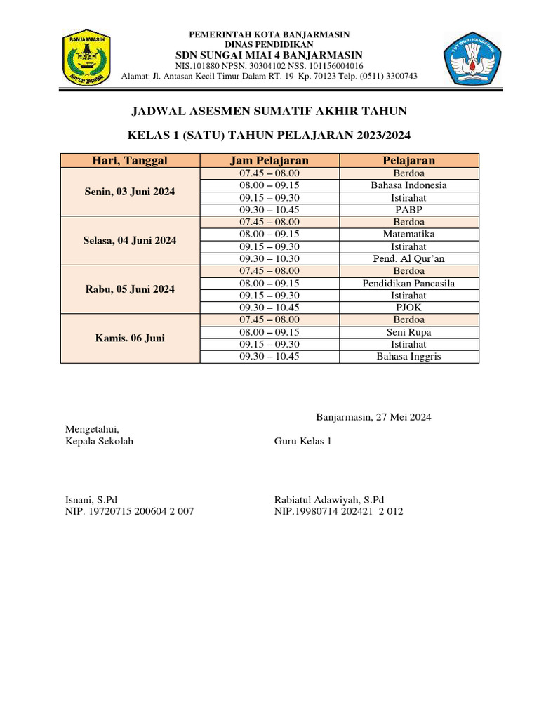 Jadwal Penilaian Akhir Tahun 2023-2024 | PDF