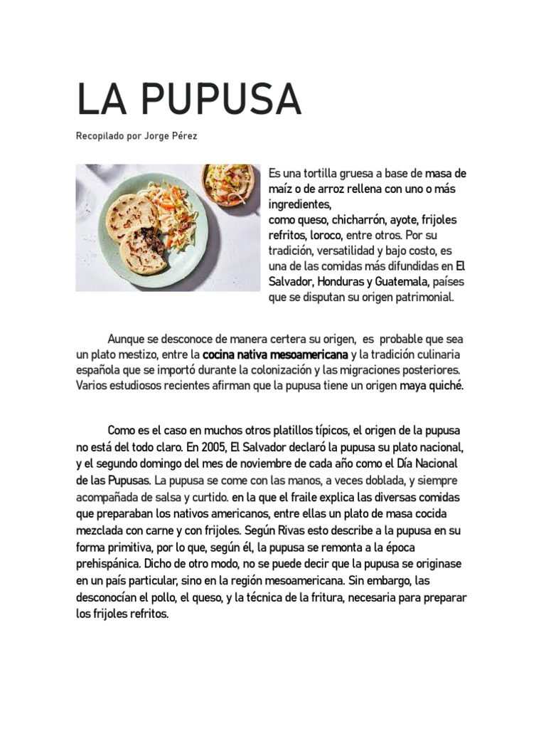 Historia y Variedades de la Pupusa | PDF | Alimentos | Cocina