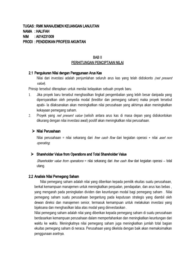 RMK BAB 2.perhitungan Penciptaan Nilai An - Halifah | PDF