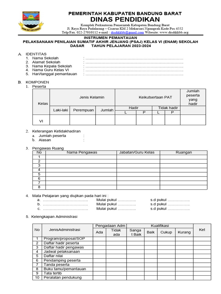 Lembar Monitoring Psaj Kelas Vi Tp. 2023-2024 | PDF