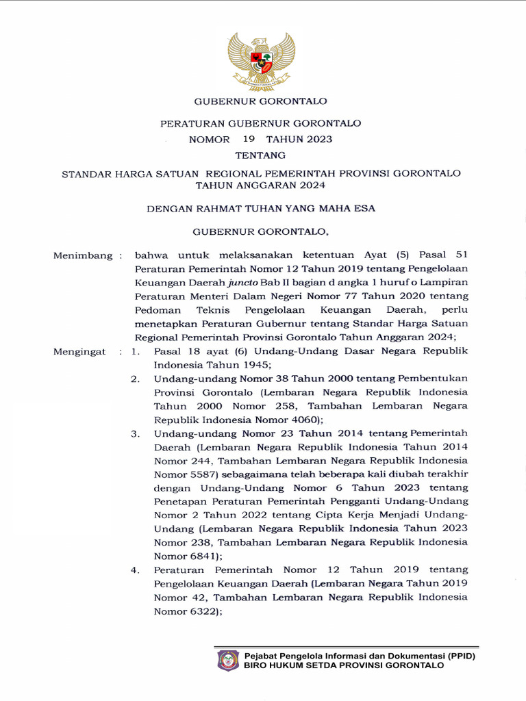 Pergub Nomor 19 Tahun 2023 Tentang Standar Harga Satuan Regional Pemerintah Daerah Provinsi ...