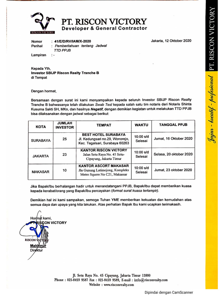 Surat Jadwal TTD PPJB Baru - 12 Okt 2020 | PDF