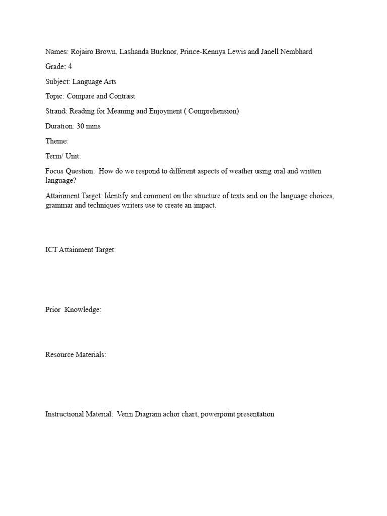 Compare and Contrast Draft Lesson Plan | PDF | Reading Comprehension ...