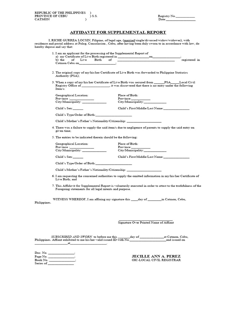 Affidavit For Supplemental Report | PDF | Affidavit | Birth Certificate