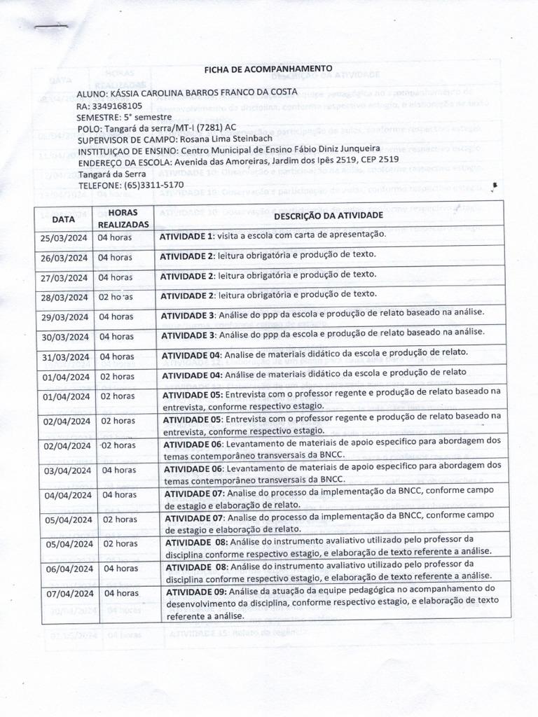 Ficha de Acompanhamento - Kassia Assinada | PDF
