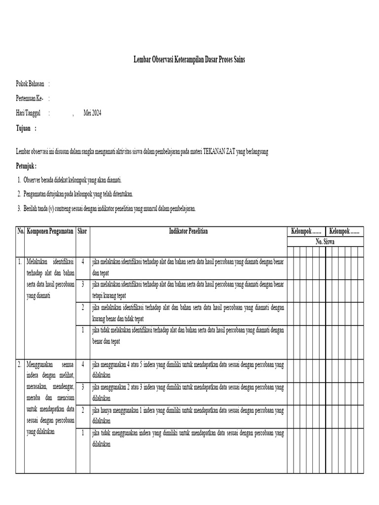 Lembar Observasi K. Proses Sains | PDF | Pengembangan Diri | Sains & Matematika