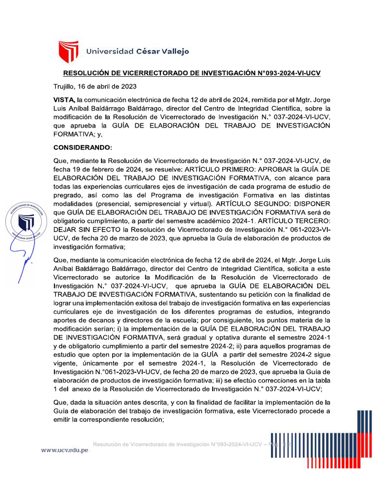 RVI N°093-2024-VI-UCV Deja Sin Efecto RVI N°037-2024, Aprueba Guía Elaboración TIF, Gradual 24-1 ...