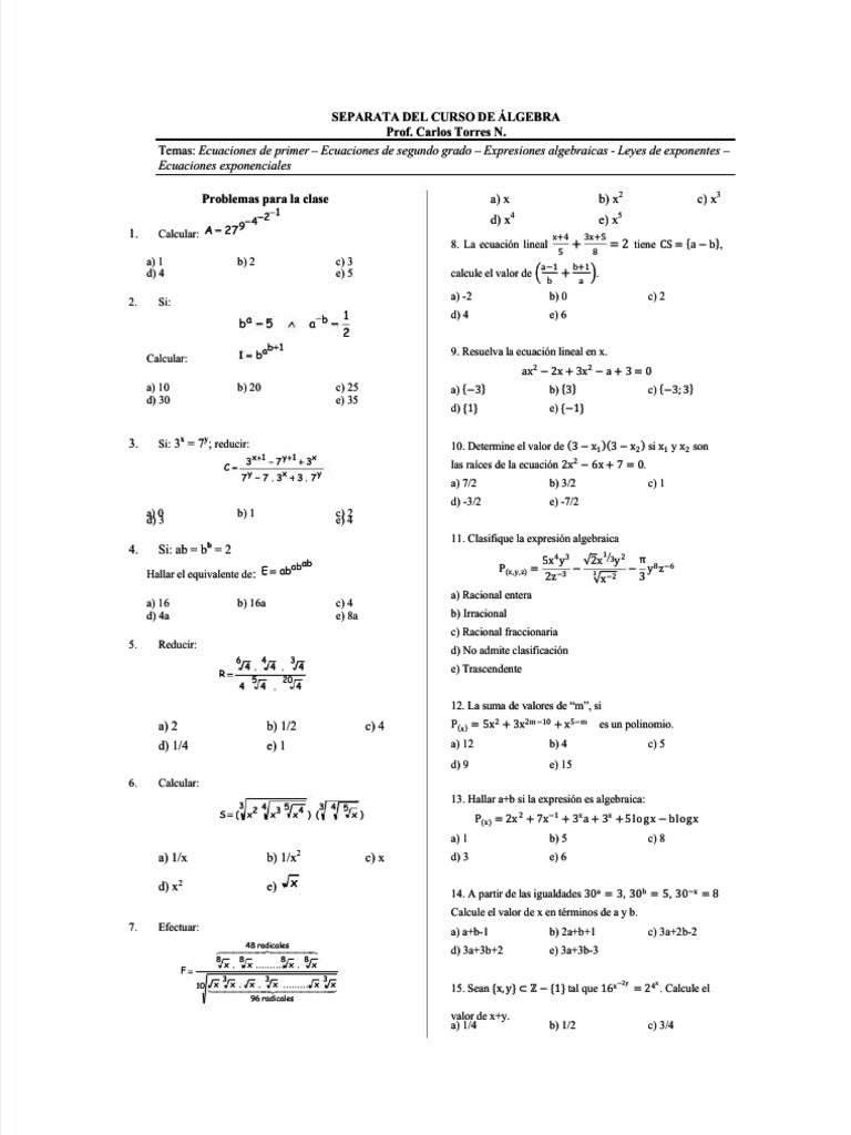 PDF Separata 1 Algebra - Compress | PDF | Ecuaciones | Teoría de los números