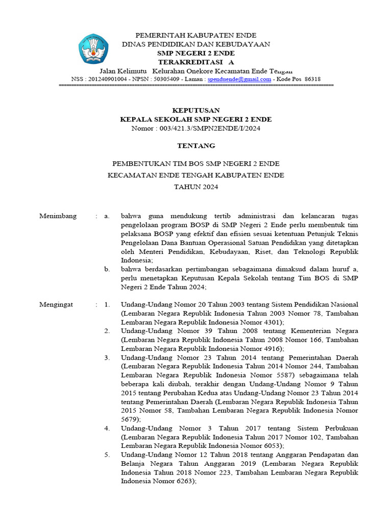 Pembentukan Tim BOS SMP Negeri 2 Ende | PDF | Bisnis