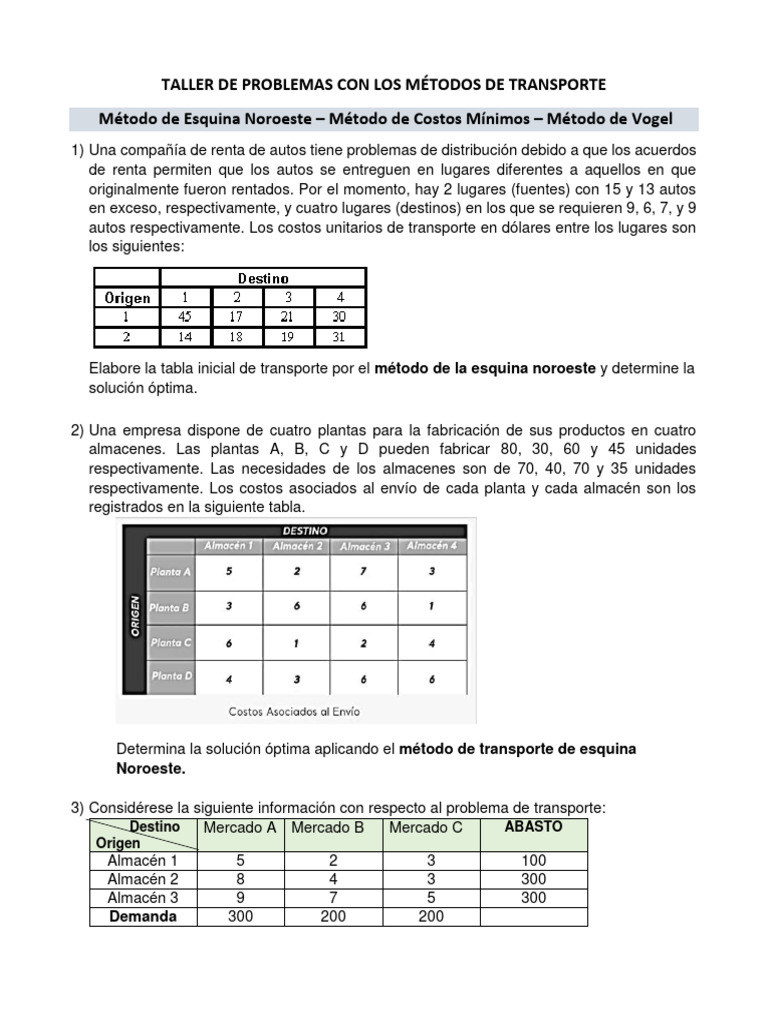 Taller de Métodos de transporte_S11 | Descargar gratis PDF | Transporte ...