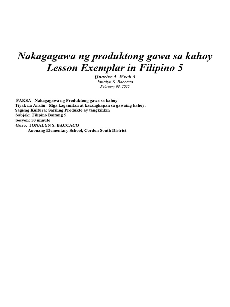 Exemplar Lesson Plan in Filipino 4rth Quarter | PDF