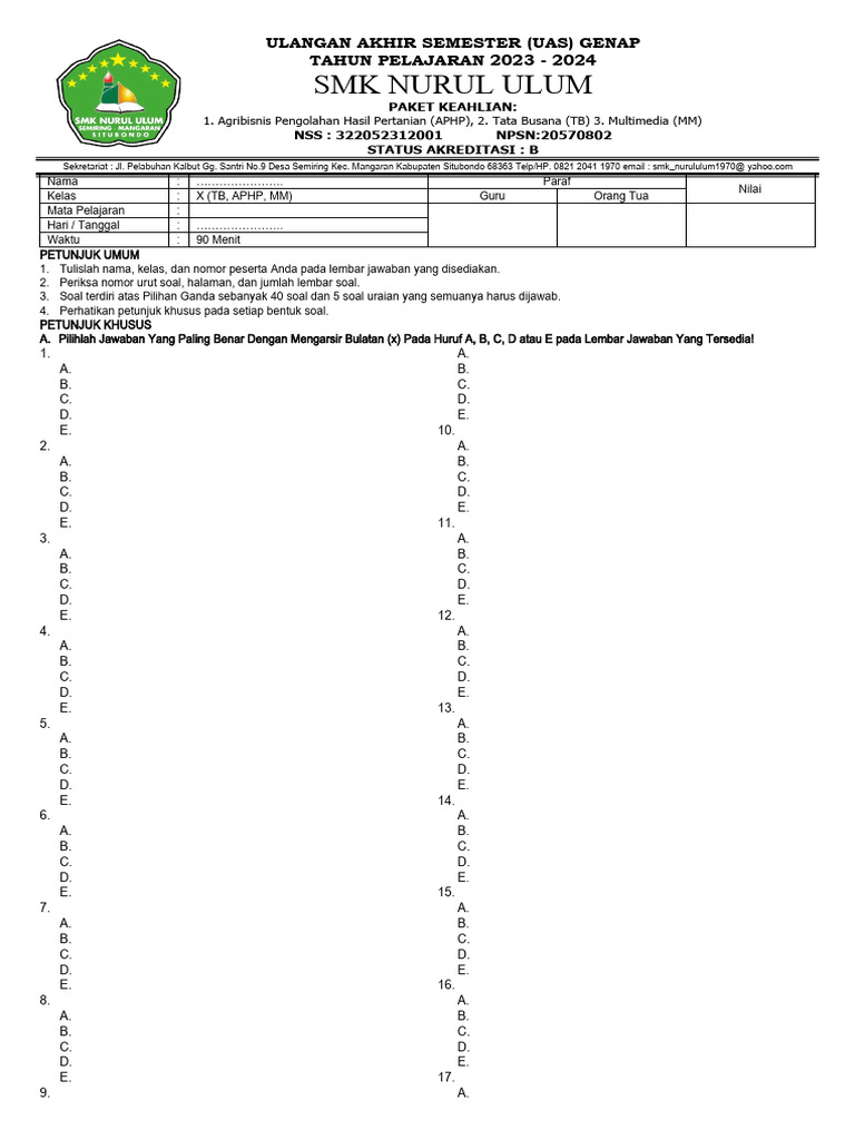 Contoh KOP SOAL UAS X GENAP 2023-2024 | PDF