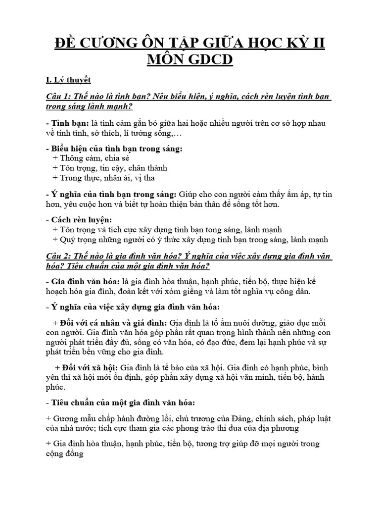 ĐỀ CƯƠNG ÔN TẬP GIỮA HỌC KỲ II MÔN GDCD | PDF