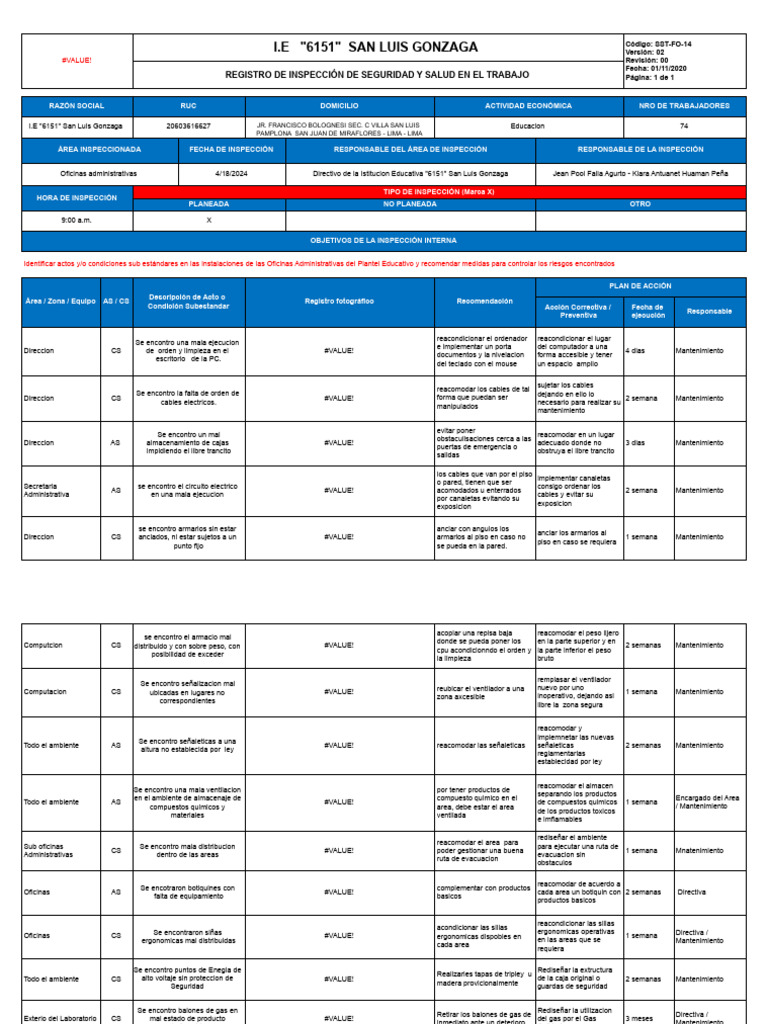 MODELO REGISTRO DE INSPECCIÓN Sunafil - XLSX - SST-FO-14 | PDF MODELO REGISTRO DE INSPECCIÓN Sunafil - XLSX - SST-FO-14 | PDF