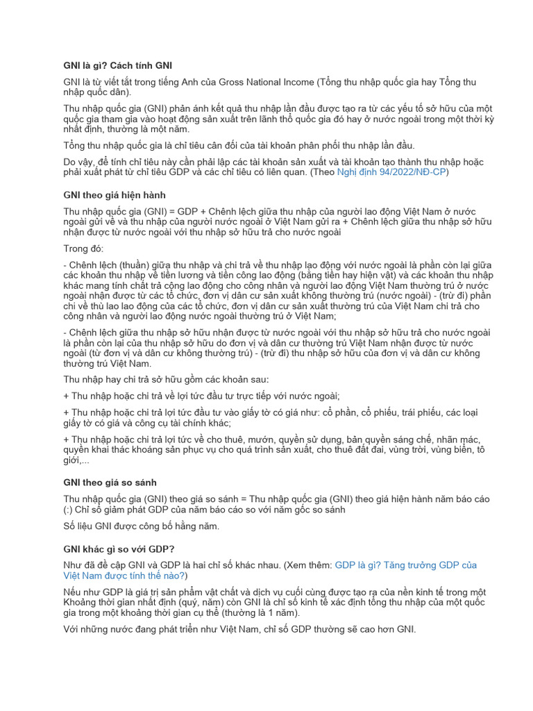GNI là gì? Cách tính GNI: Nghị định 94/2022/NĐ-CP | PDF
