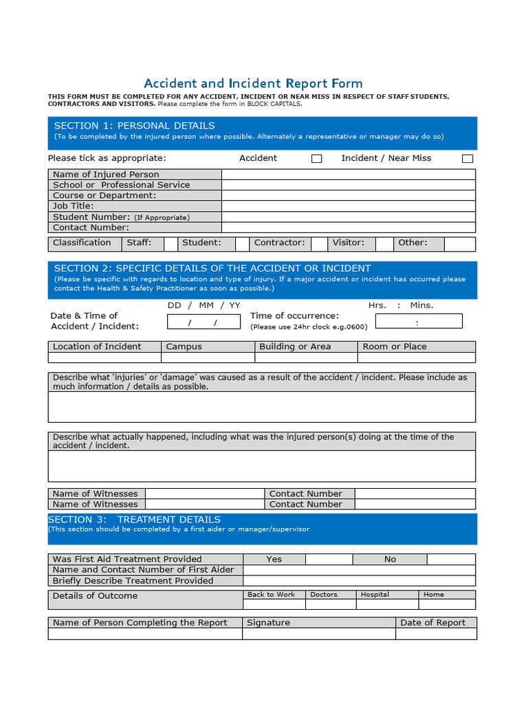 Accident and Incident Report Form | PDF | First Aid | Medical Specialties