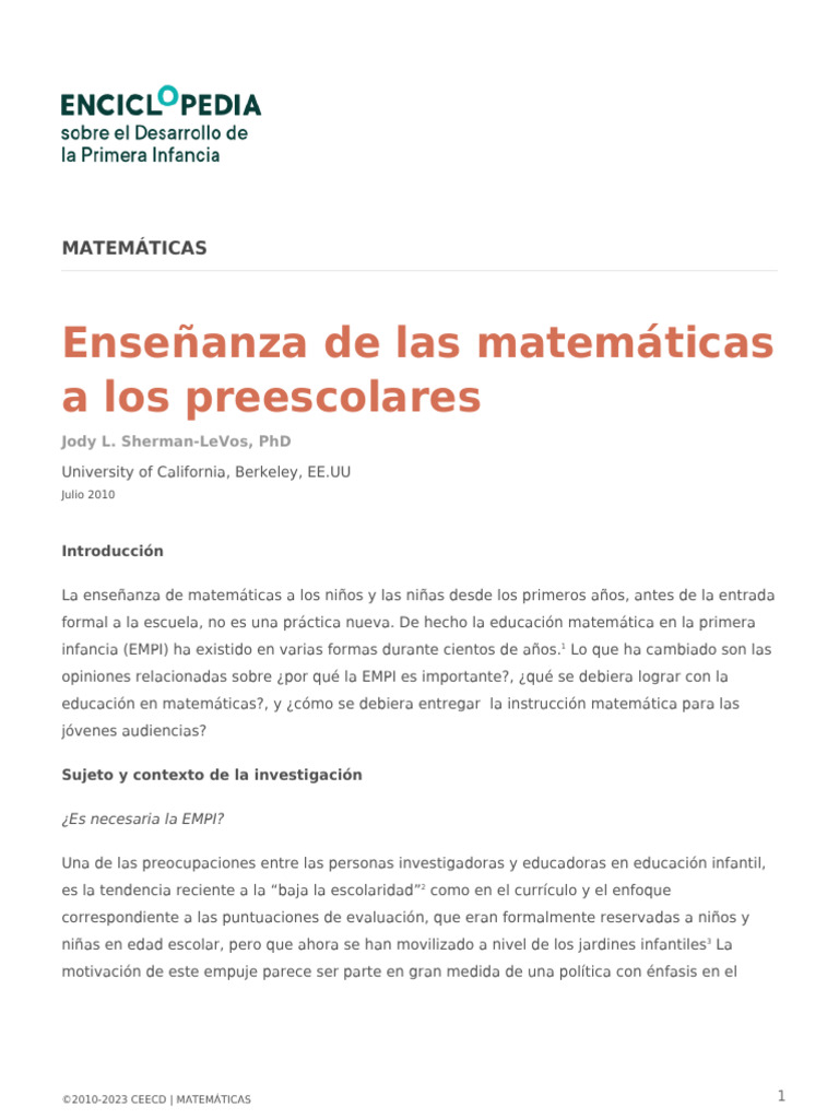 Ensenanza De Las Matematicas Los Preescolares Pdf Plan De Estudios