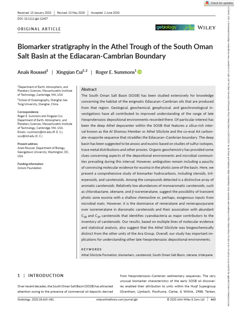 Geobiology - 2020 - Roussel - Biomarker Stratigraphy in The Athel ...