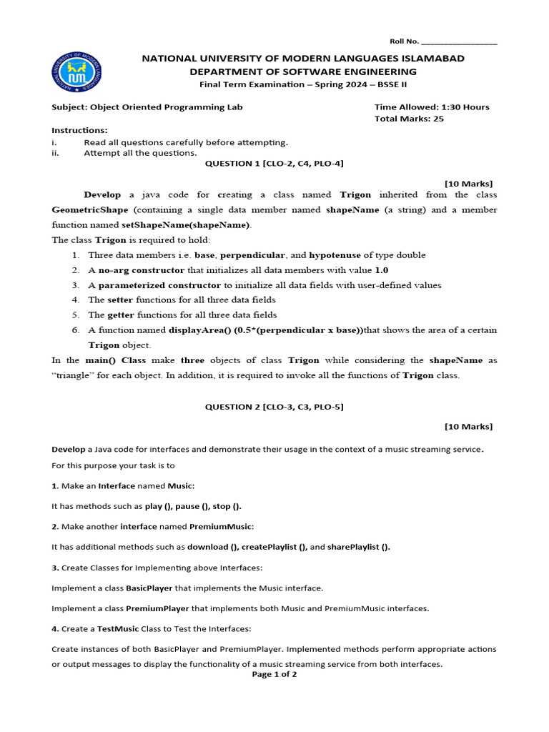 Oop Final Lab Exam Ii A B Iqra Shahzad Pdf Class Computer Programming Method