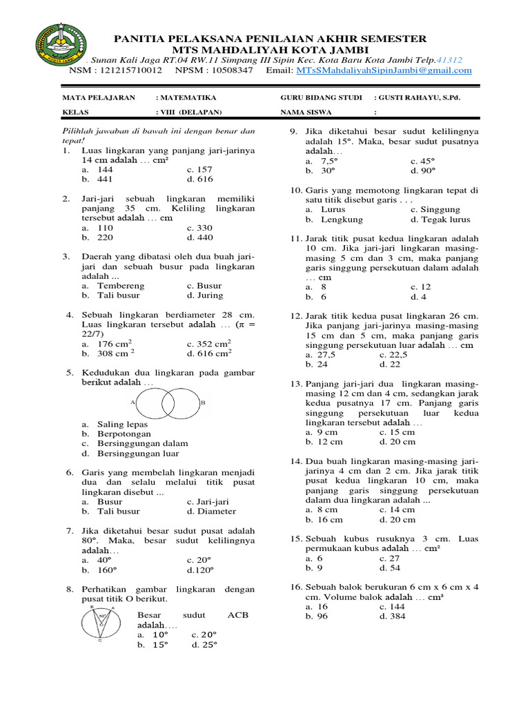 Soal Pas Genap MTK Viii 2223 | PDF | Griya & Taman