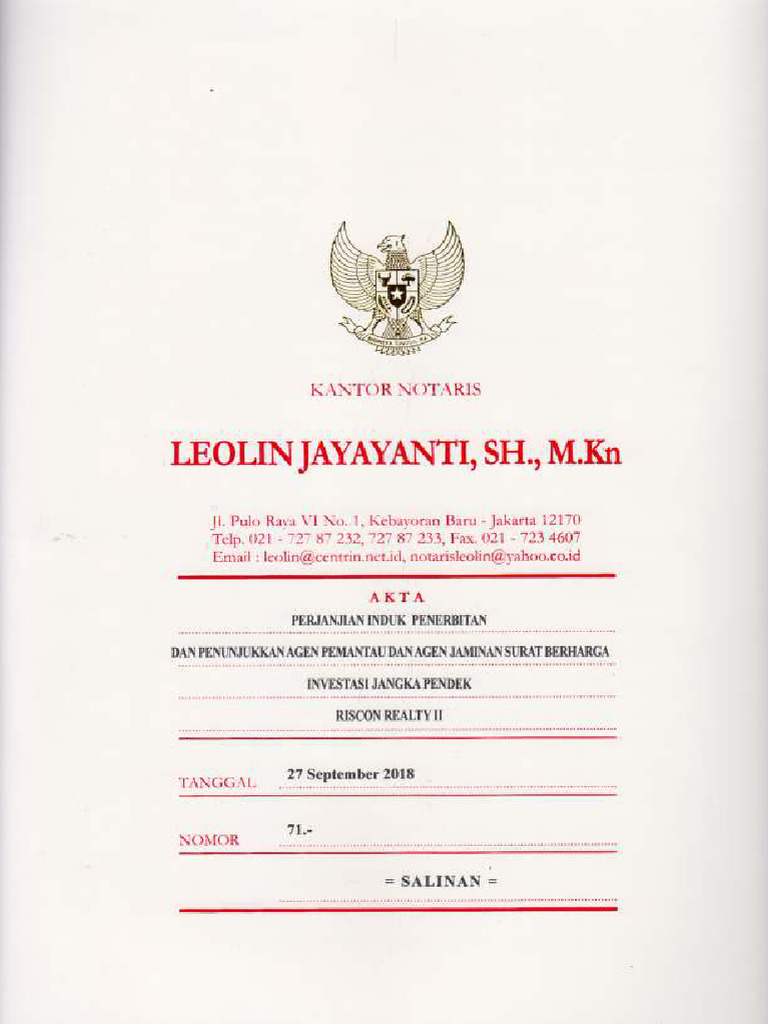 71-09-18 Perjanjian Induk Penerbitan Sbijp Riscon Ii | PDF