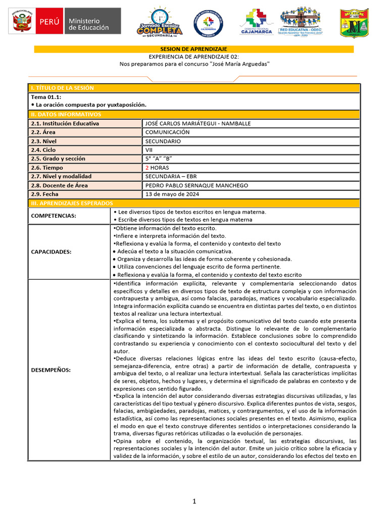 5° Sesion Actv 01.1 - Comunicación 2024 | PDF | Oración (Lingüística) | Aprendizaje