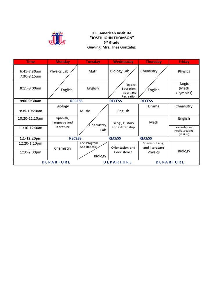 Student´s Schedule 9th Grade 2023-2024 | PDF