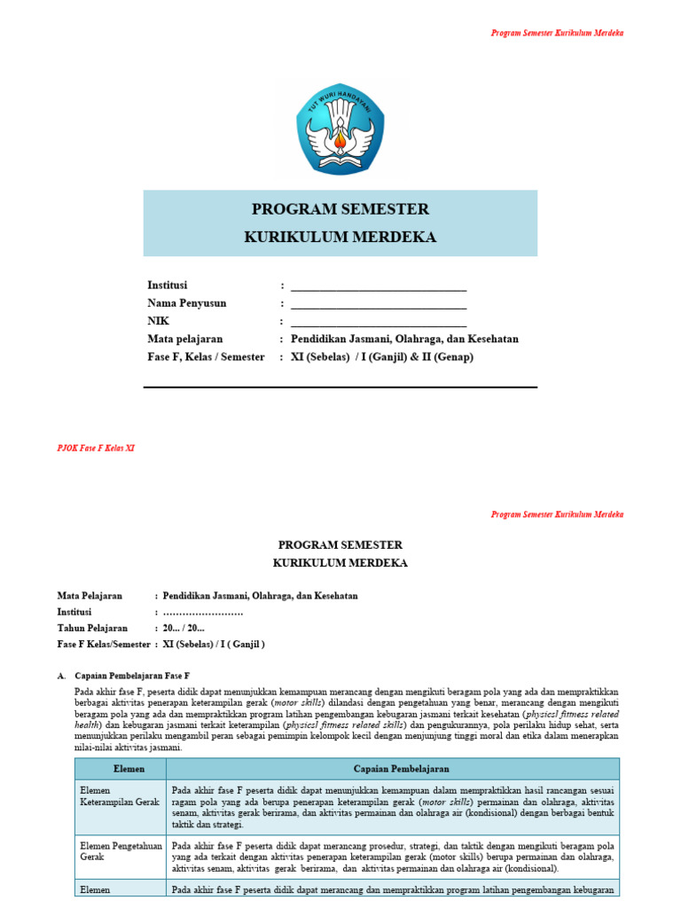 Program Semester PJOK Kelas XI Merdeka | PDF