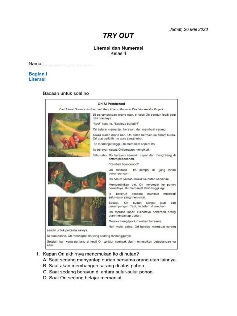 Try Out Literasi dan Numerasi Kelas 4 | PDF | Seni & Disiplin Bahasa | Kajian Bahasa Asing