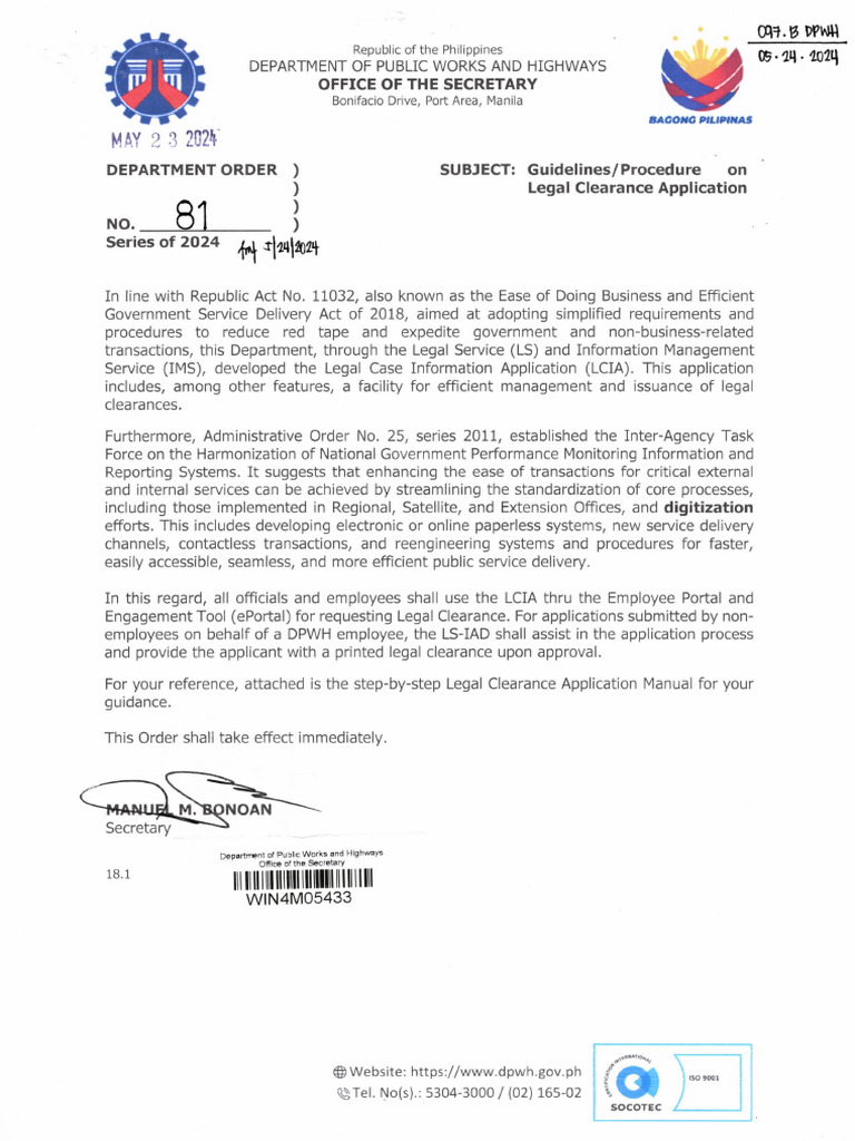Series of 2024: SUBJECT: Guidelines/Procedure On Legal Clearance ...