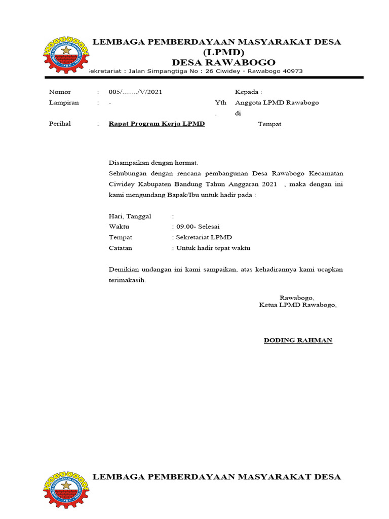 Undangan Rapat LPMD Rawabogo 2021 | PDF