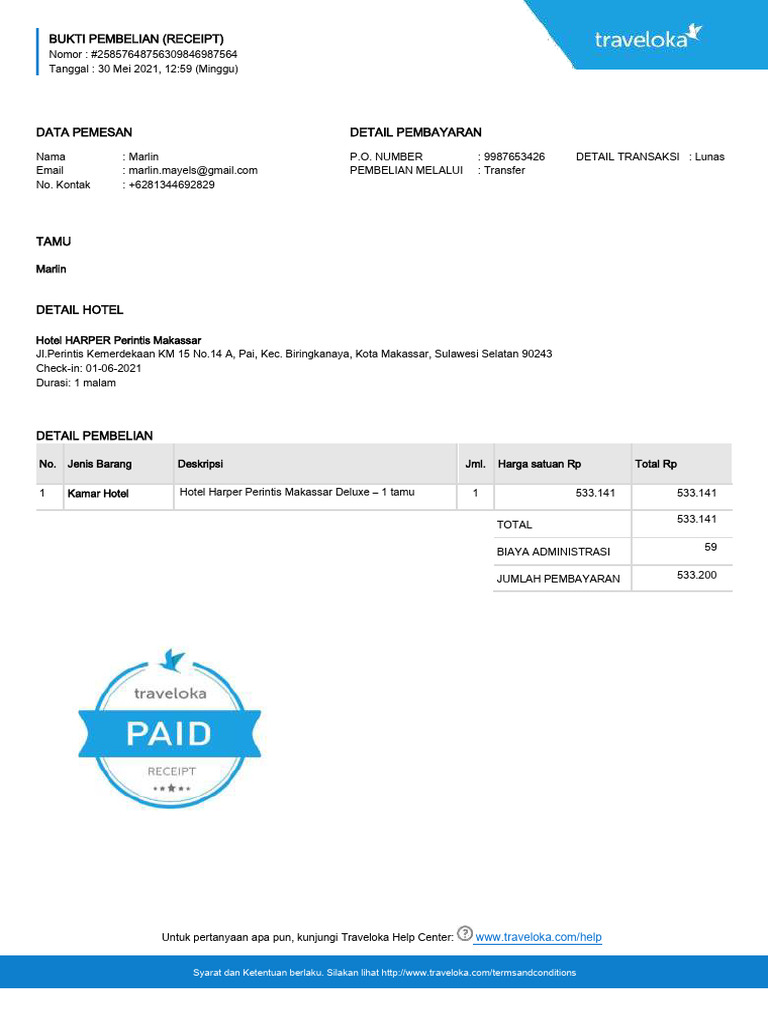Invoice Hotel Harper Makassar | PDF