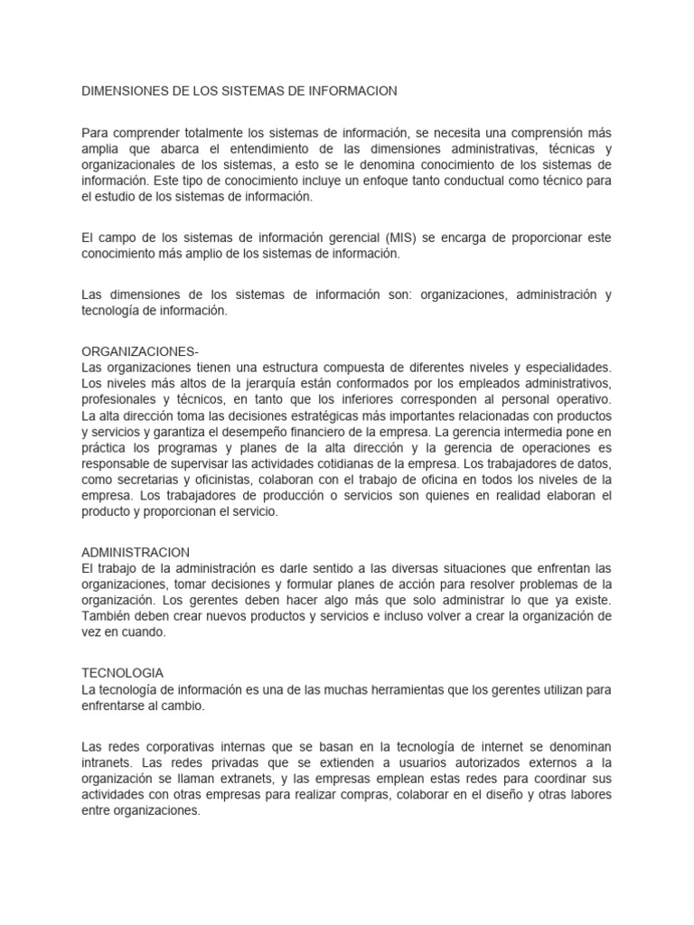 Dimensiones de Los Sistemas de Informaci | PDF | Business | Sistema de informacion