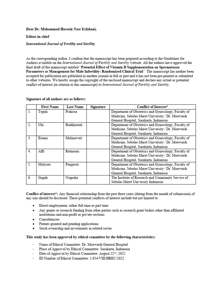 Sample of Cover Letter Int J Fertil Steril | PDF | Conflict Of Interest | Infertility